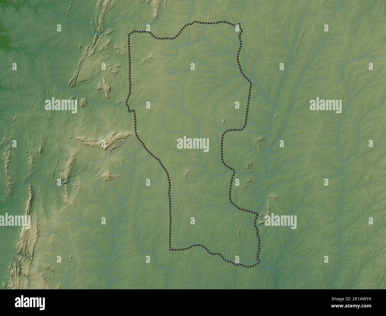 Donga, department of Benin. Colored elevation map with lakes and rivers ...