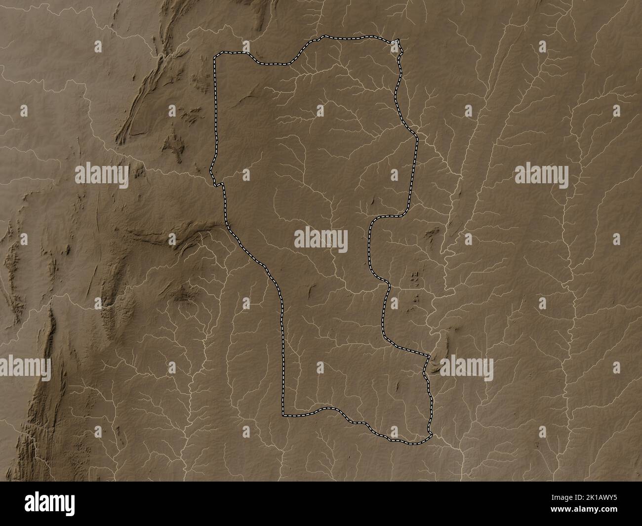 Donga, department of Benin. Elevation map colored in sepia tones with ...