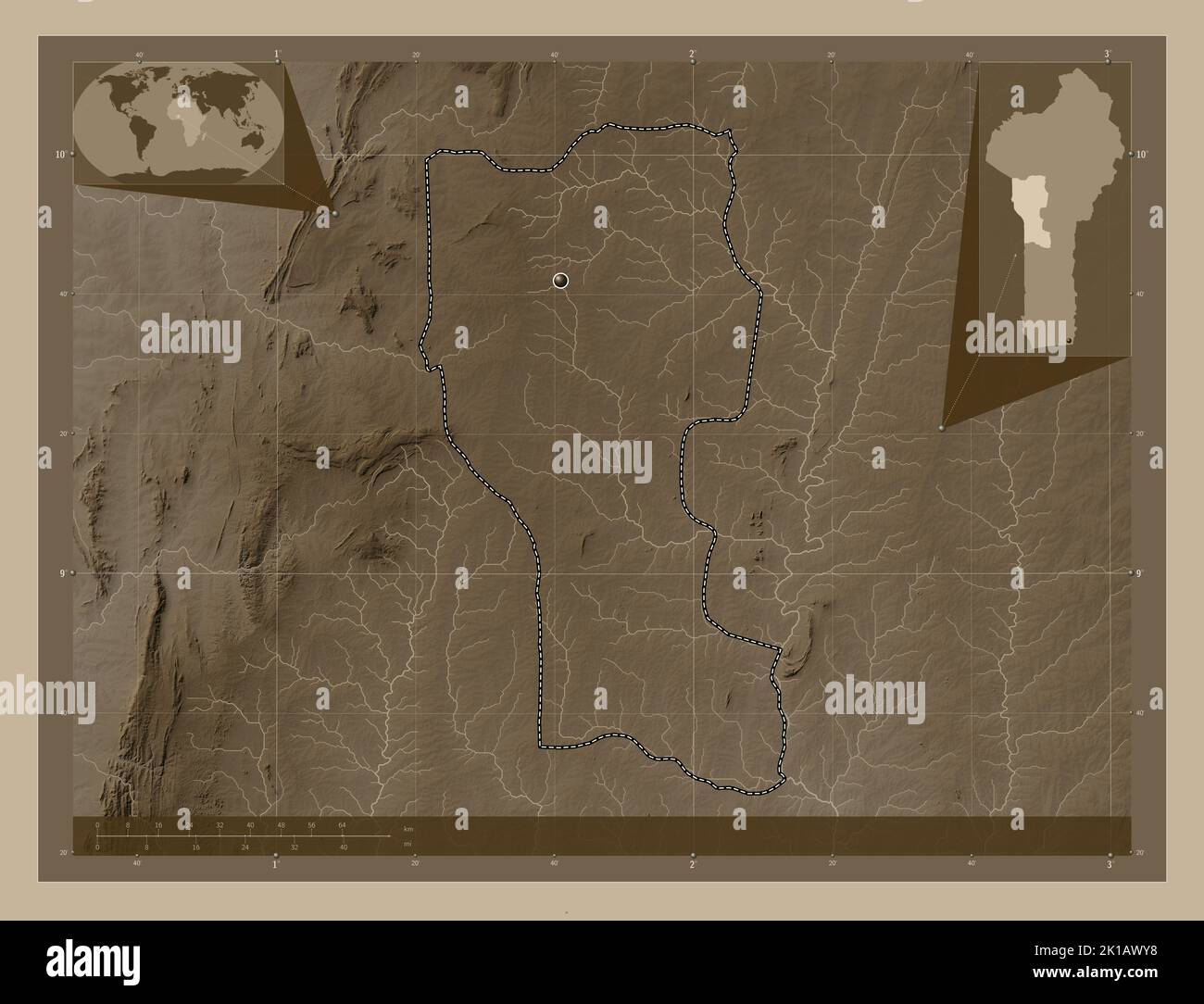 Donga, department of Benin. Elevation map colored in sepia tones with ...