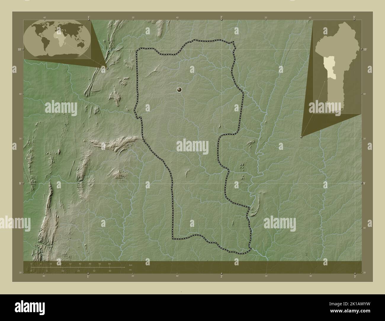 Donga, department of Benin. Elevation map colored in wiki style with ...