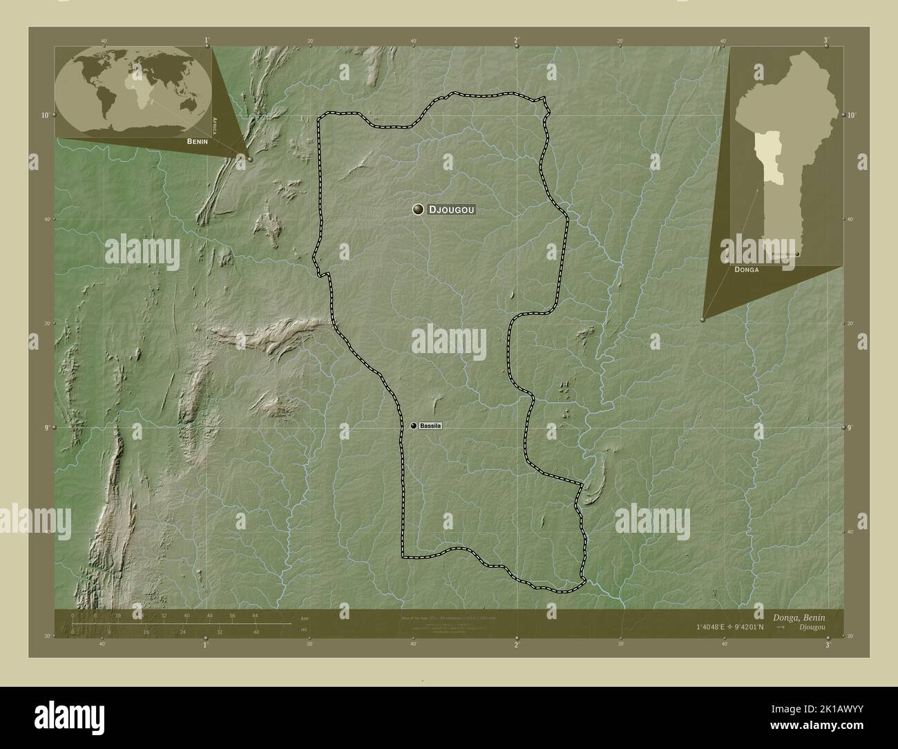Donga, department of Benin. Elevation map colored in wiki style with ...