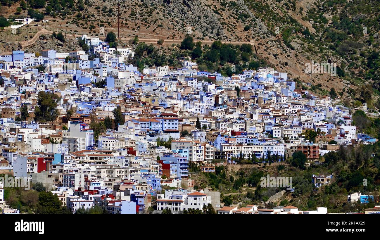 A bird's eye view of the cityscape of Chefchaouen in Morocco Stock ...