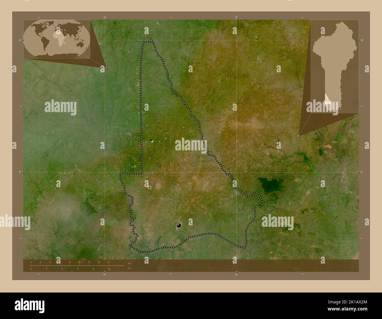 Kouffo, department of Benin. Low resolution satellite map. Locations of major cities of the ...
