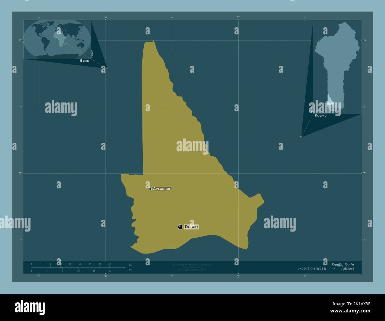 Kouffo, department of Benin. Solid color shape. Locations and names of major cities of the ...