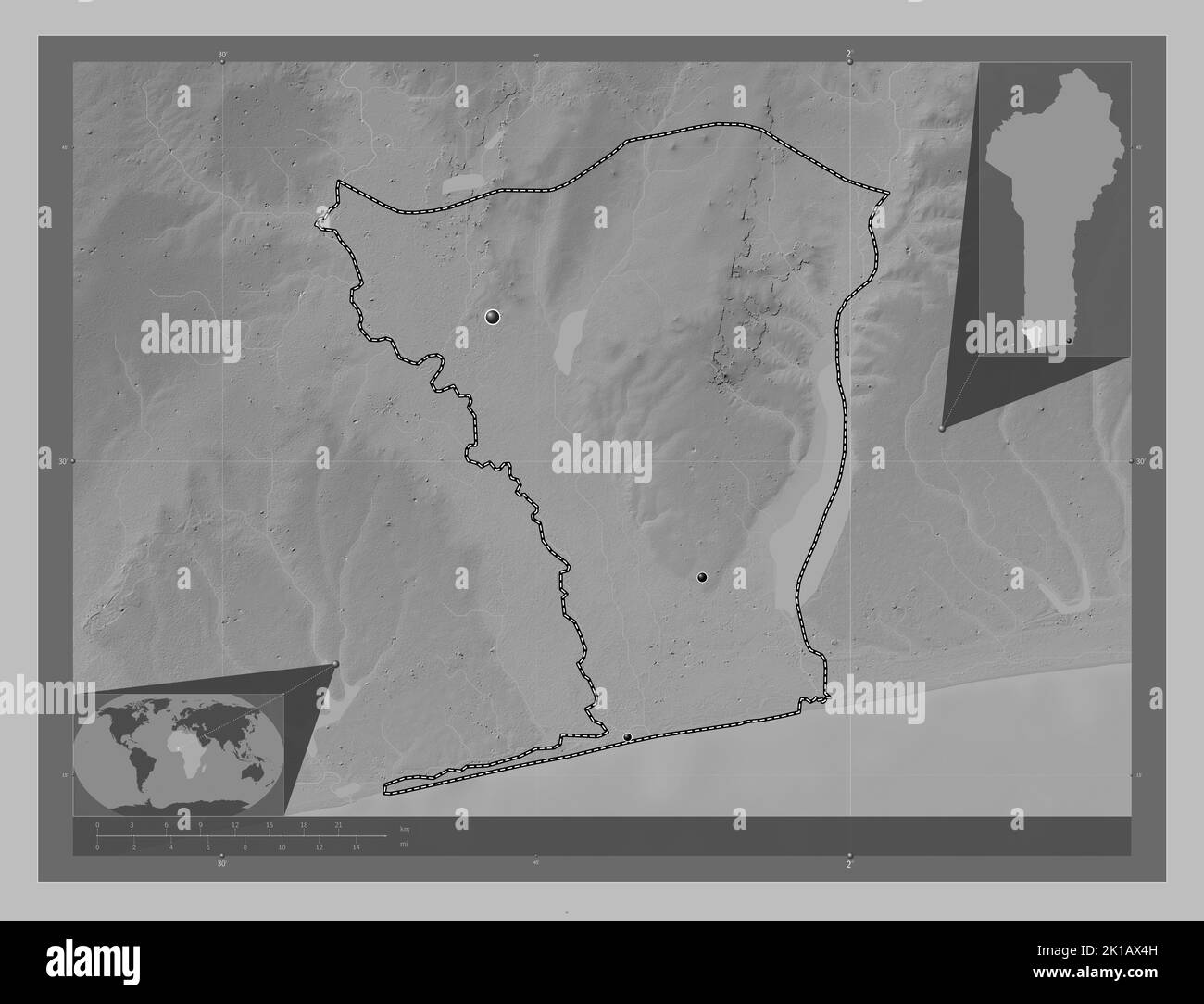 Mono, department of Benin. Grayscale elevation map with lakes and ...