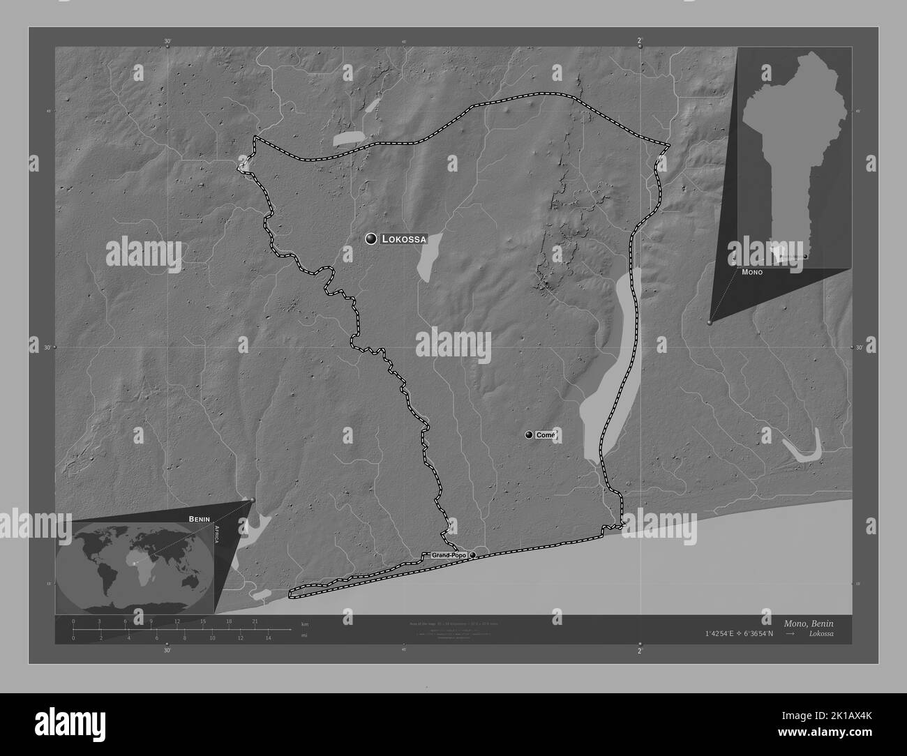 Mono, department of Benin. Bilevel elevation map with lakes and rivers ...