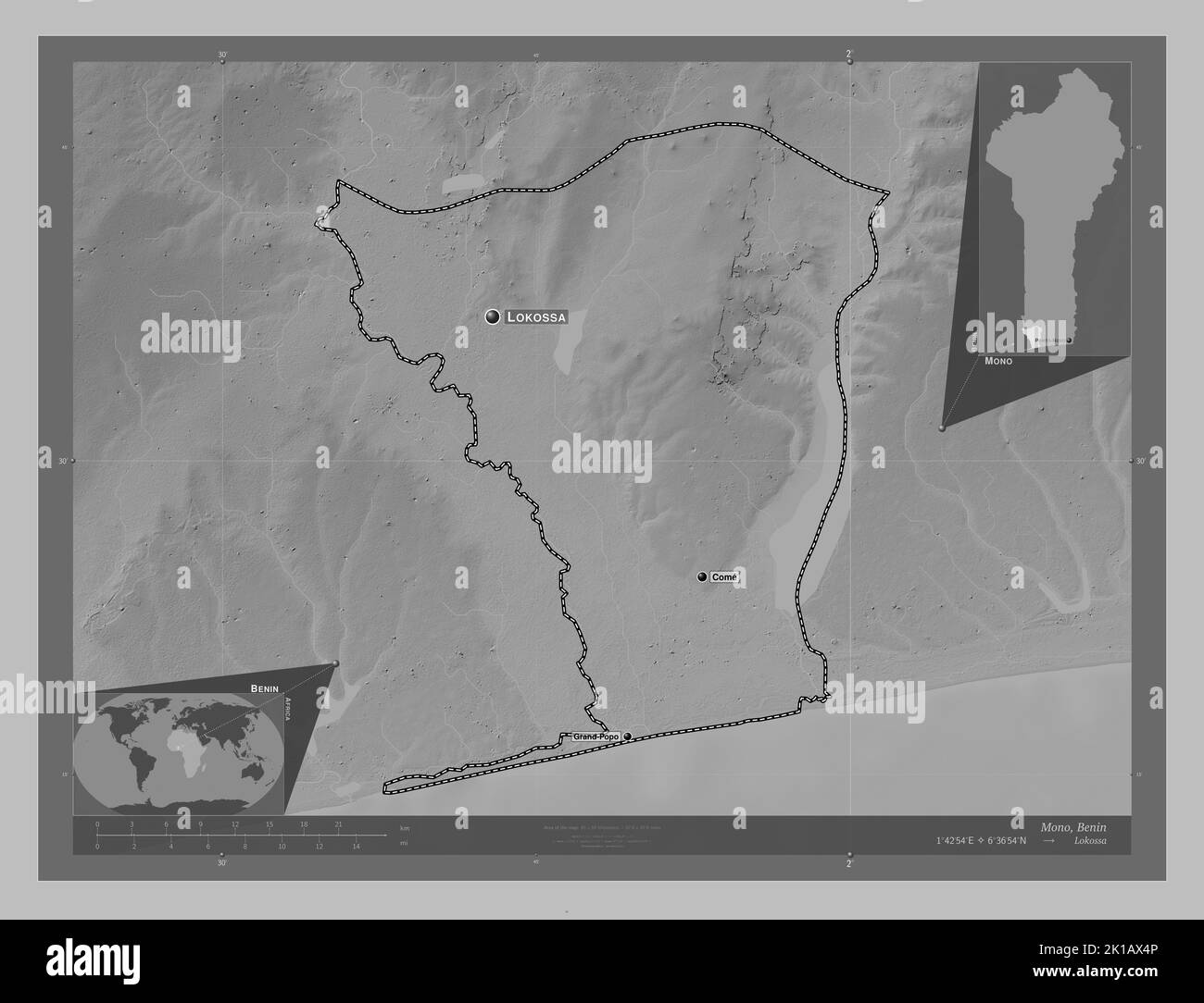 Mono, department of Benin. Grayscale elevation map with lakes and ...