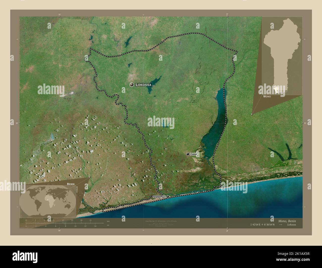 Mono, department of Benin. High resolution satellite map. Locations and ...
