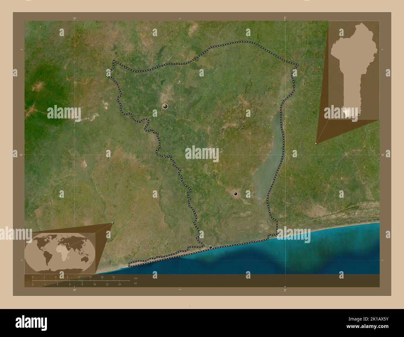Mono, department of Benin. Low resolution satellite map. Locations of ...