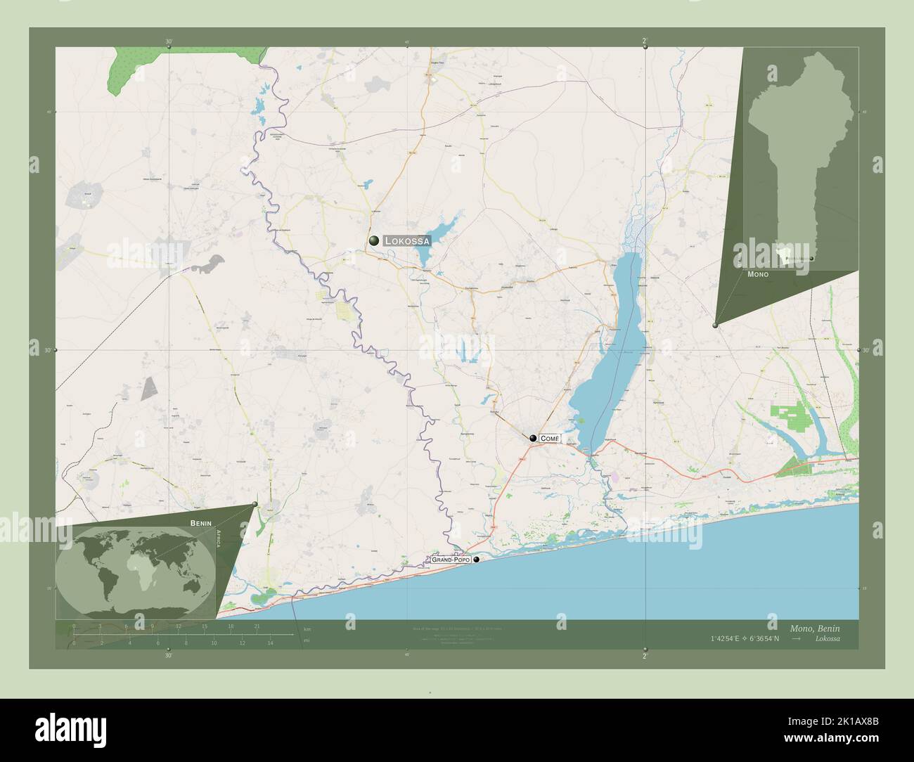 Mono, department of Benin. Open Street Map. Locations and names of ...