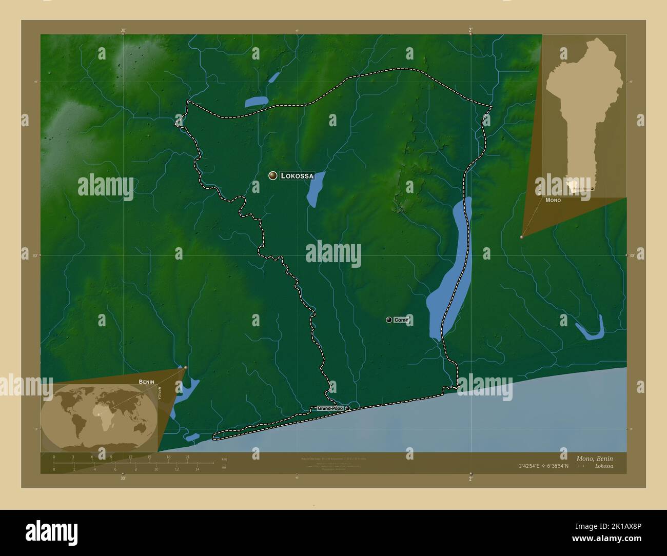 Mono, department of Benin. Colored elevation map with lakes and rivers ...