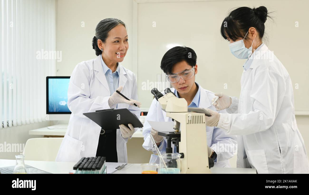 Experienced middle age woman scientist and young researchers analyzing ...