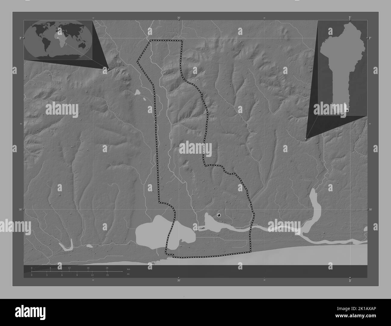 Oueme, department of Benin. Bilevel elevation map with lakes and rivers ...
