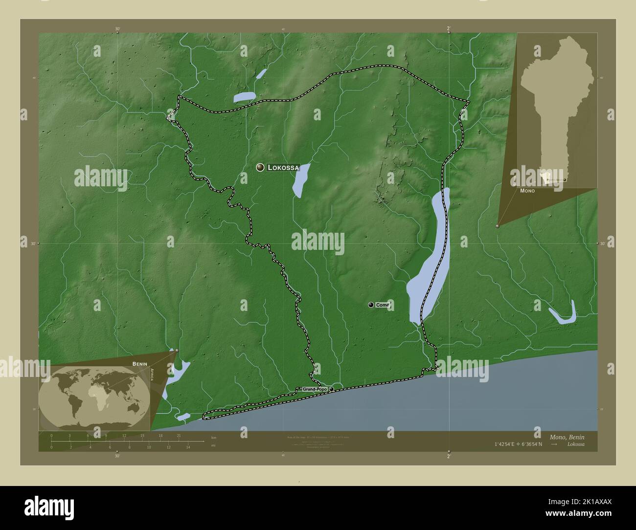 Mono, department of Benin. Elevation map colored in wiki style with ...