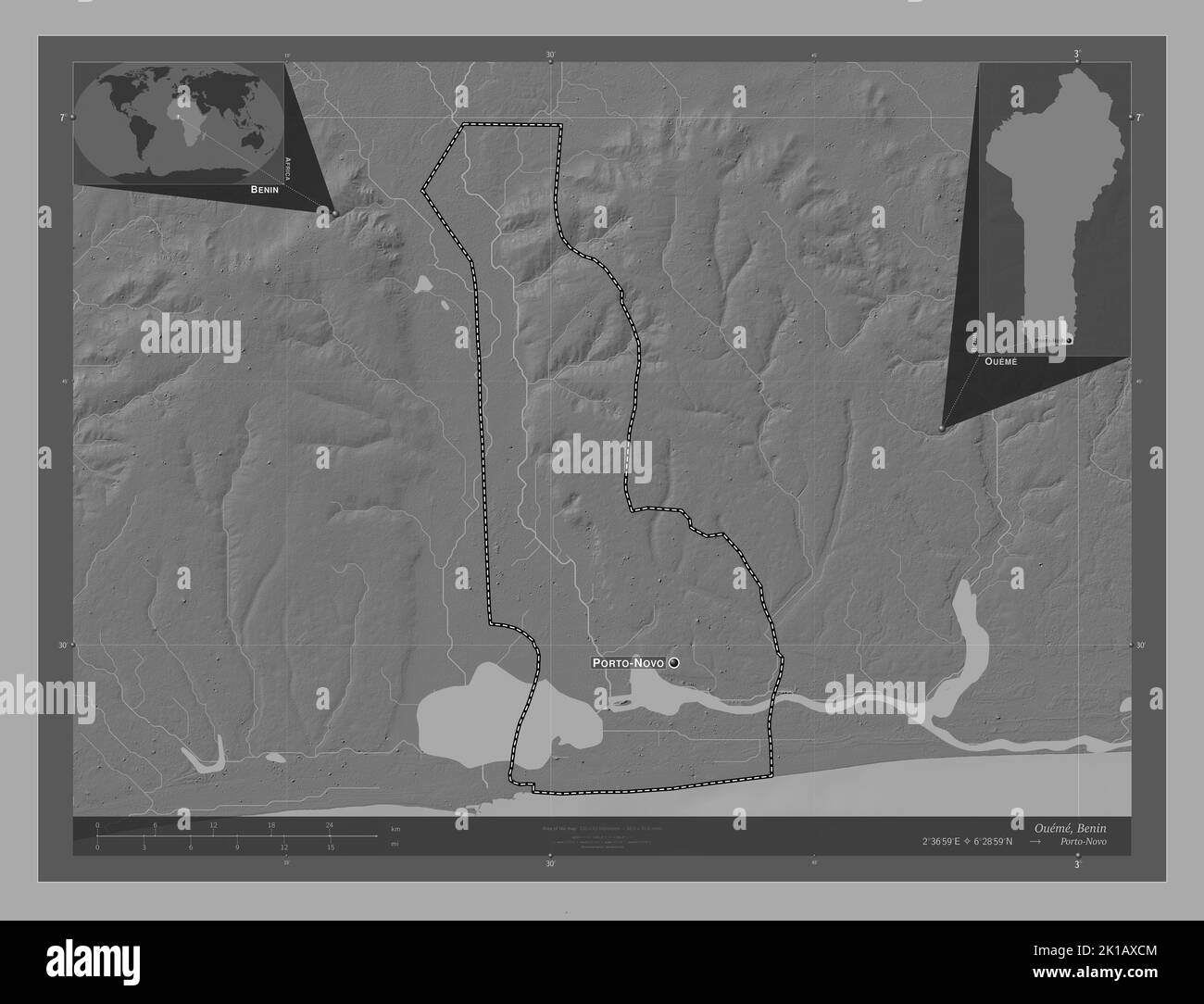 Oueme, department of Benin. Bilevel elevation map with lakes and rivers ...