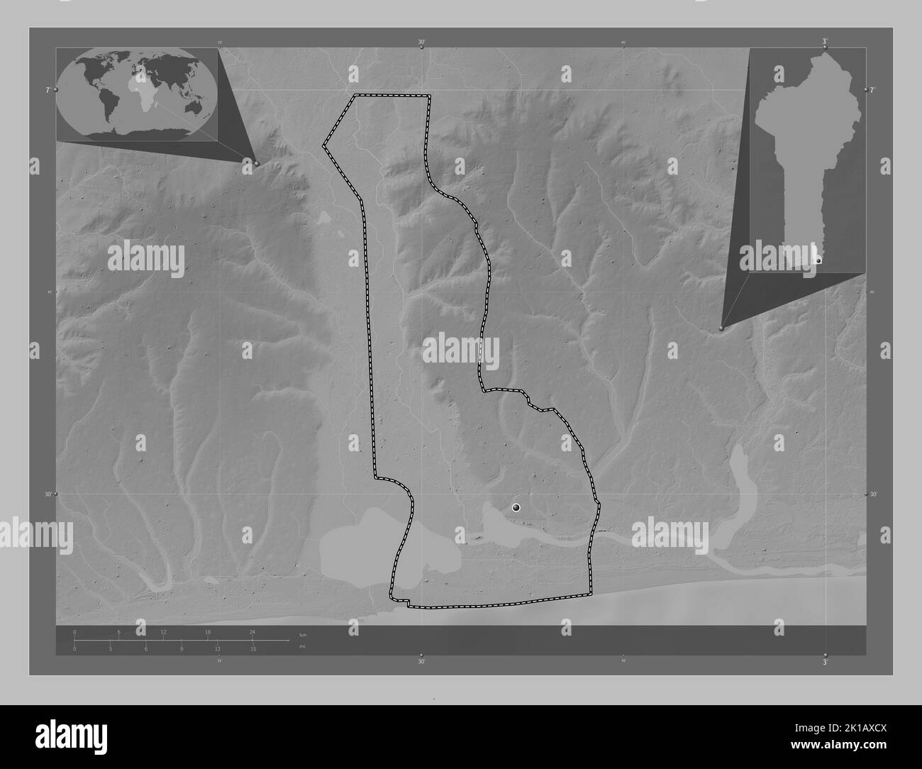 Oueme, department of Benin. Grayscale elevation map with lakes and ...