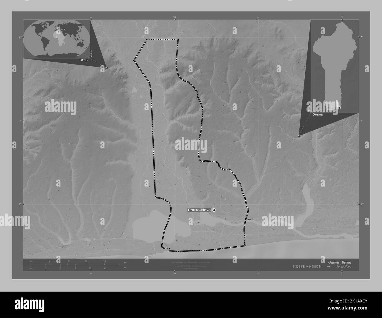 Oueme, department of Benin. Grayscale elevation map with lakes and ...