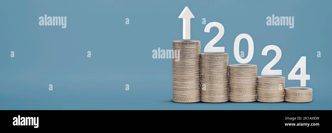 Happy New Year 2024. Financial theme, stacks of coins stacked in ...