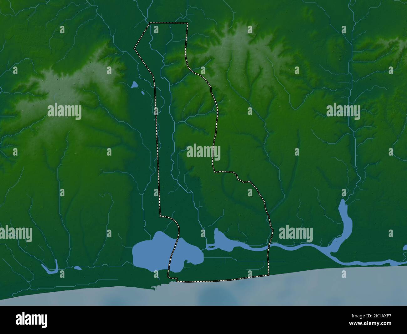 Oueme, department of Benin. Colored elevation map with lakes and rivers ...
