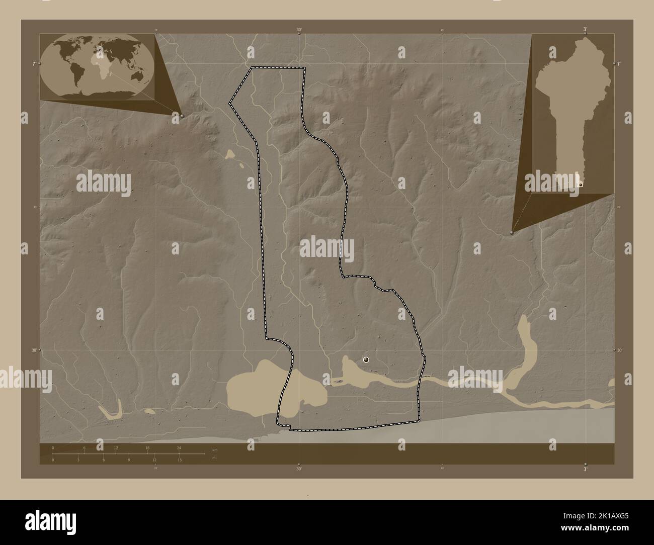 Oueme, department of Benin. Elevation map colored in sepia tones with ...
