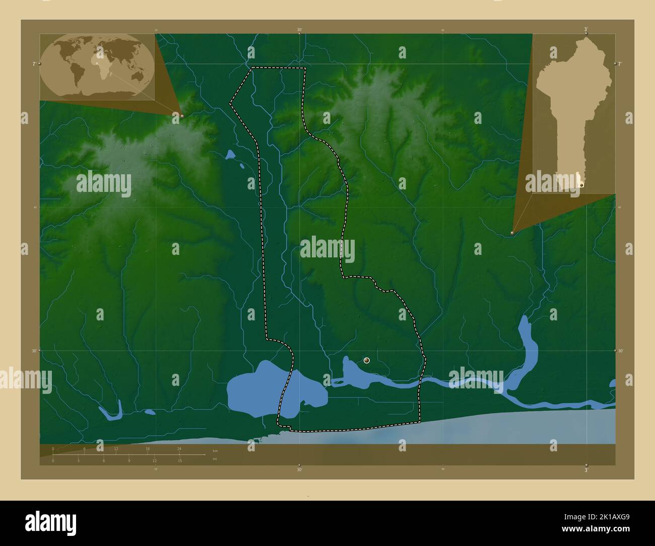Oueme, department of Benin. Colored elevation map with lakes and rivers ...