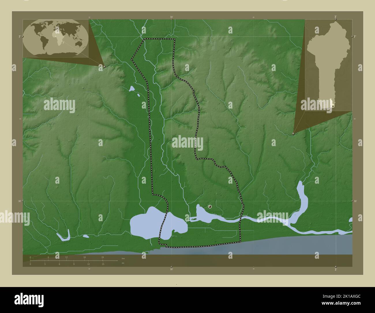 Oueme, department of Benin. Elevation map colored in wiki style with ...