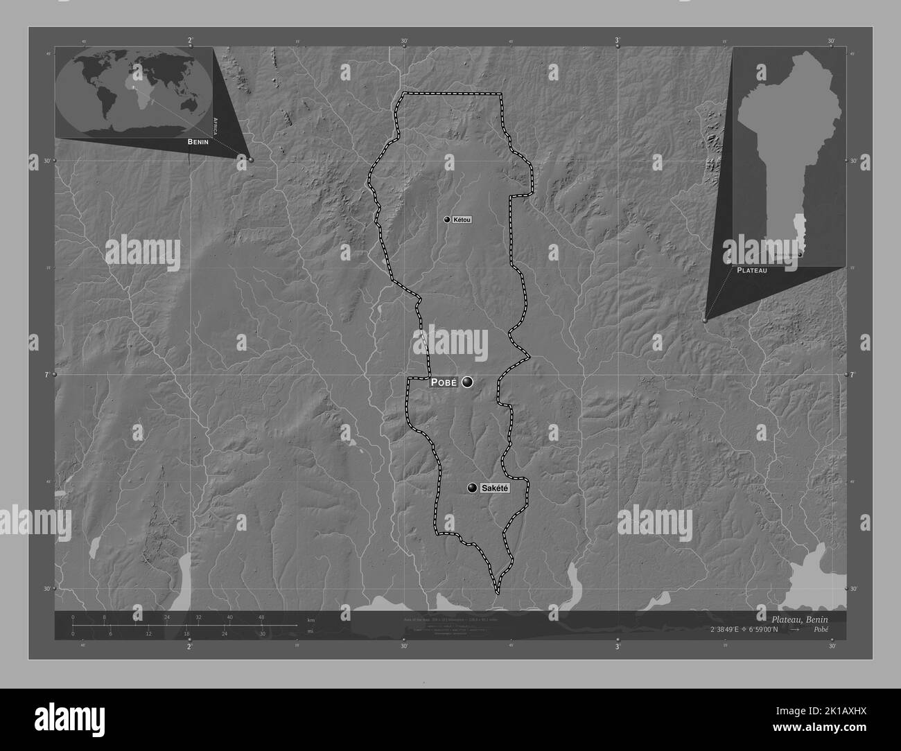 Plateau, department of Benin. Bilevel elevation map with lakes and ...