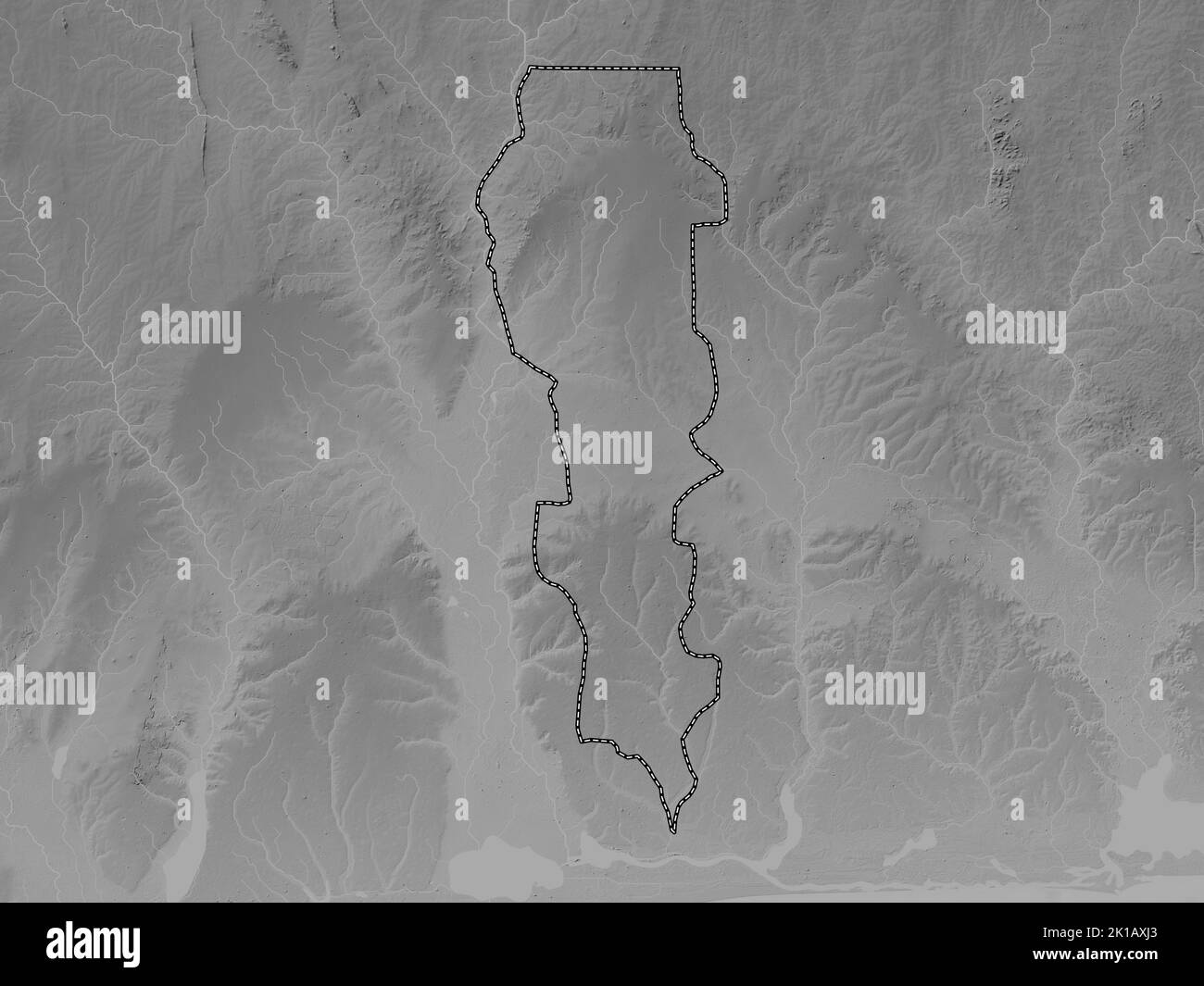 Plateau, department of Benin. Grayscale elevation map with lakes and ...