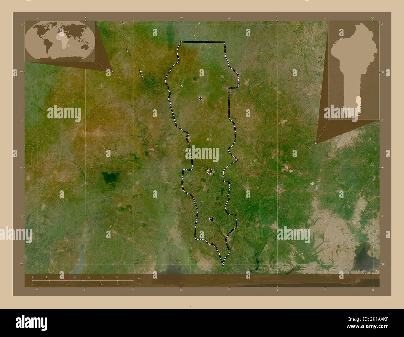 Plateau, department of Benin. Low resolution satellite map. Locations ...