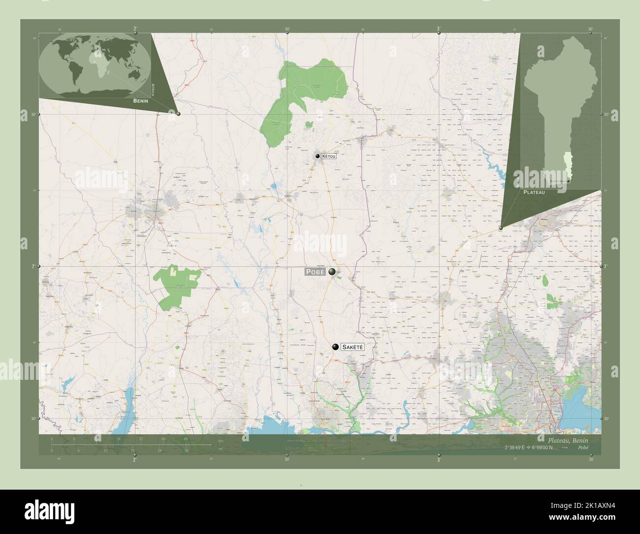 Plateau, department of Benin. Open Street Map. Locations and names of ...