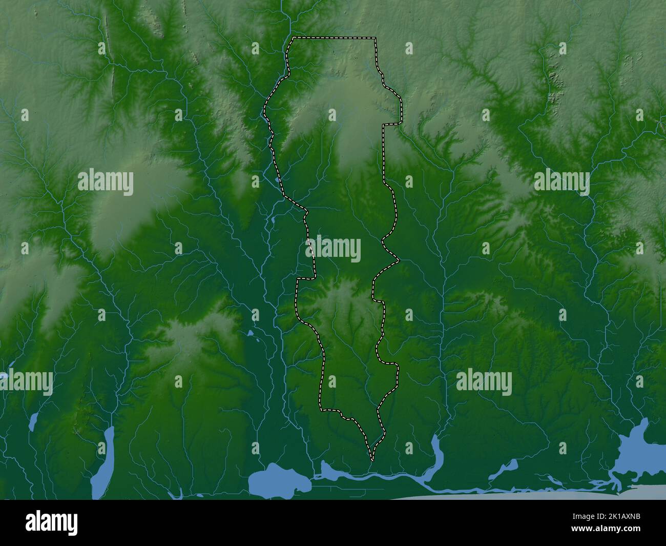 Plateau, department of Benin. Colored elevation map with lakes and ...