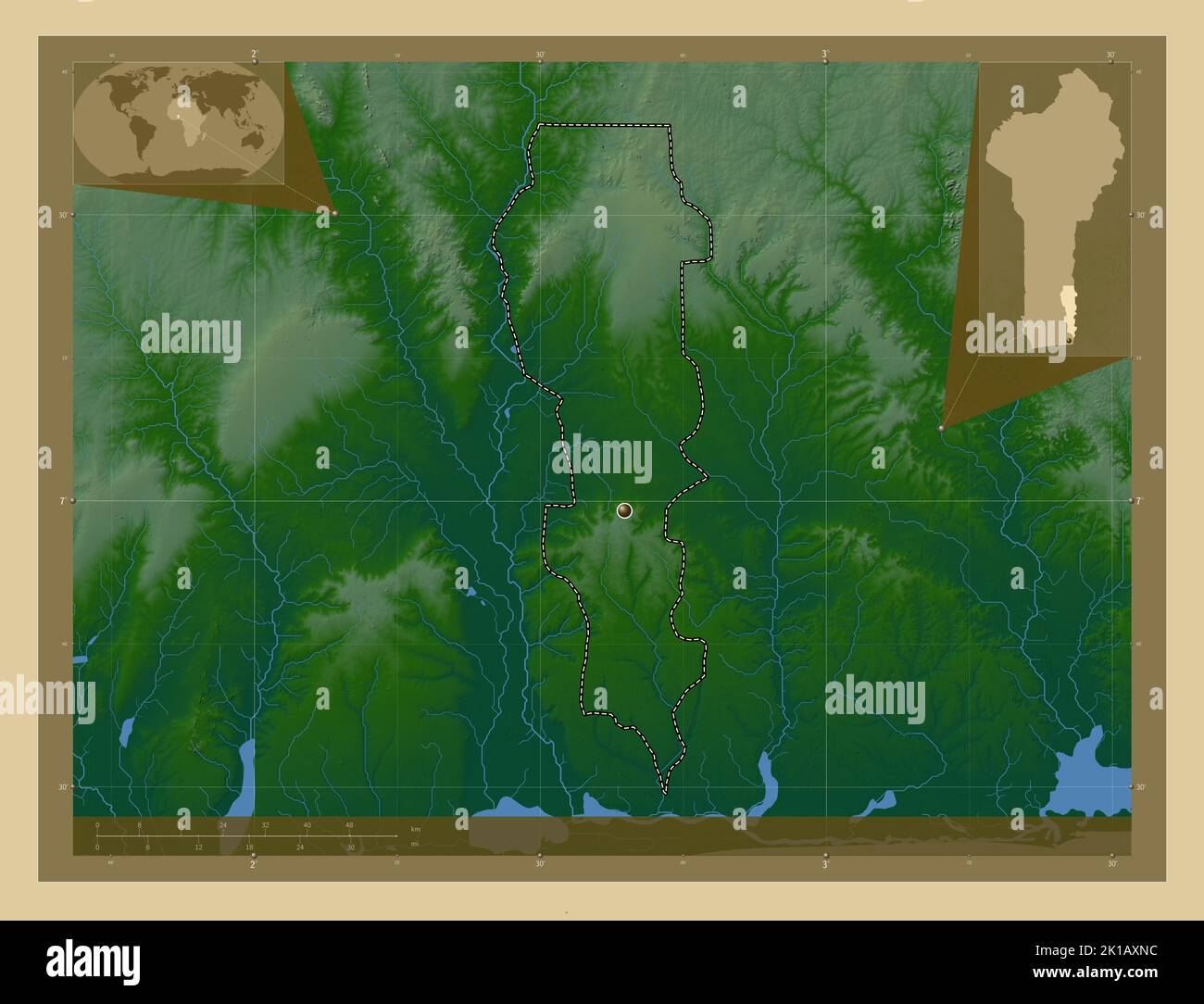 Plateau, department of Benin. Colored elevation map with lakes and ...
