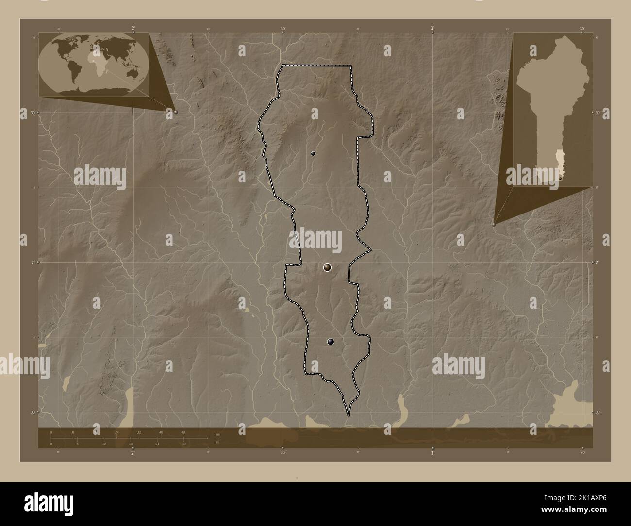 Plateau, department of Benin. Elevation map colored in sepia tones with ...