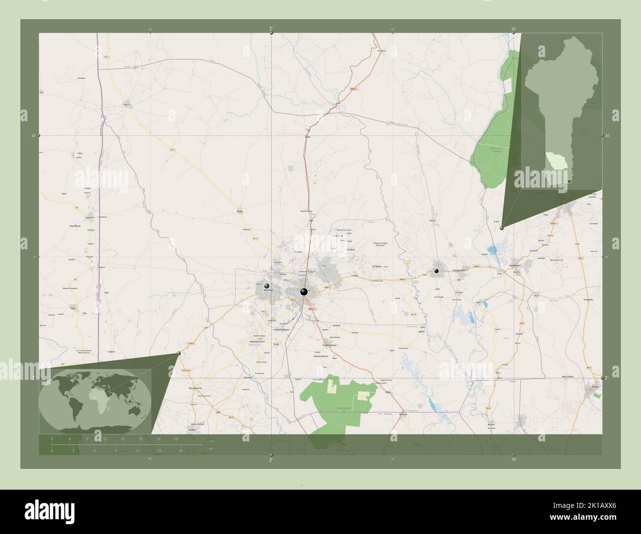 Zou, department of Benin. Open Street Map. Locations of major cities of ...