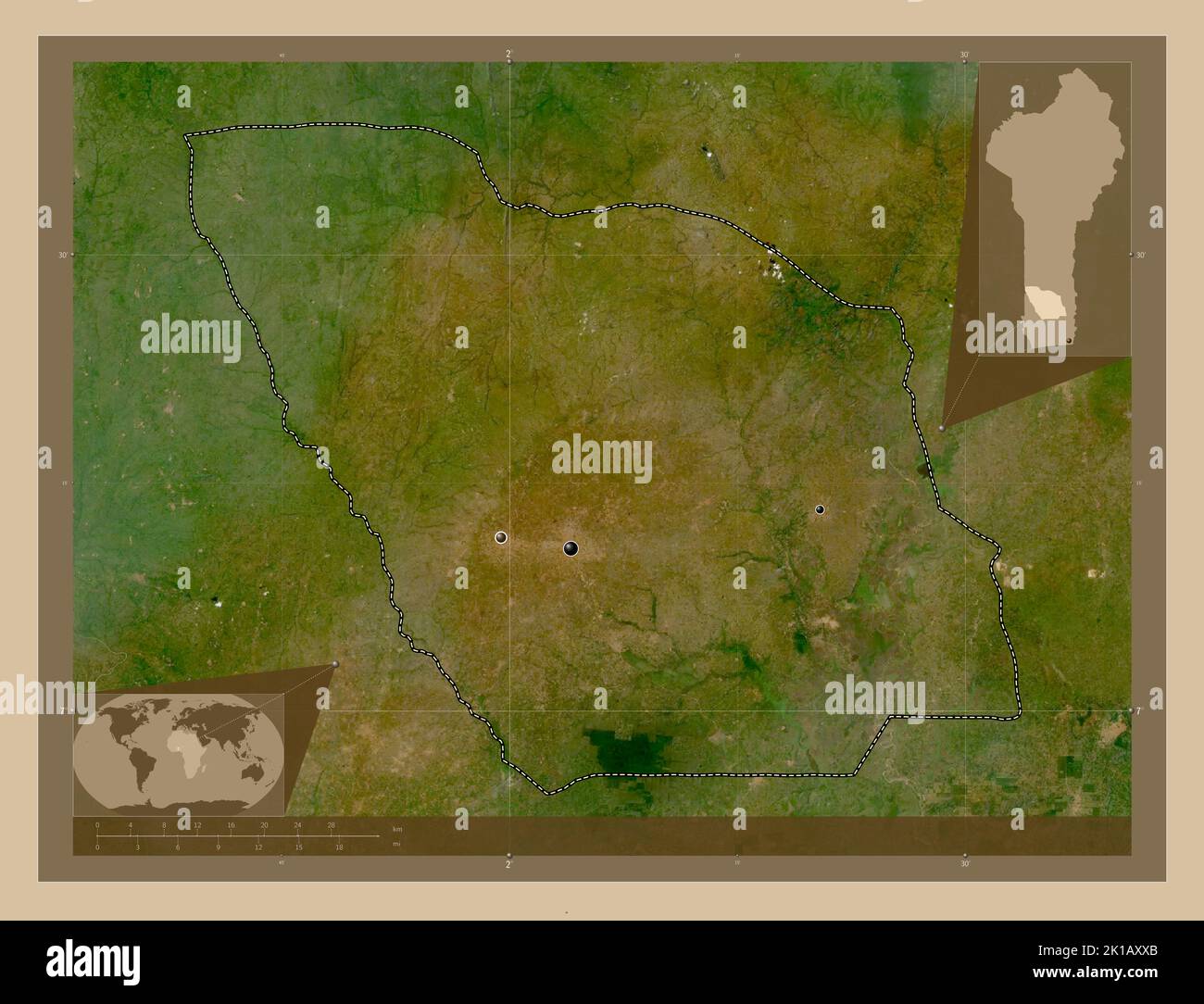 Zou, department of Benin. Low resolution satellite map. Locations of ...