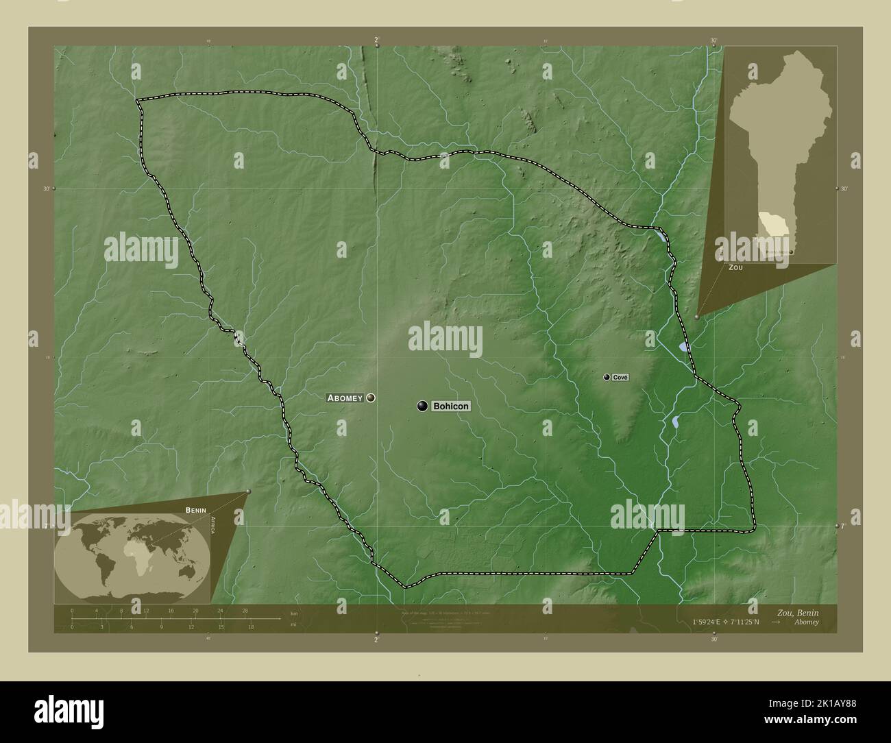 Zou, department of Benin. Elevation map colored in wiki style with ...