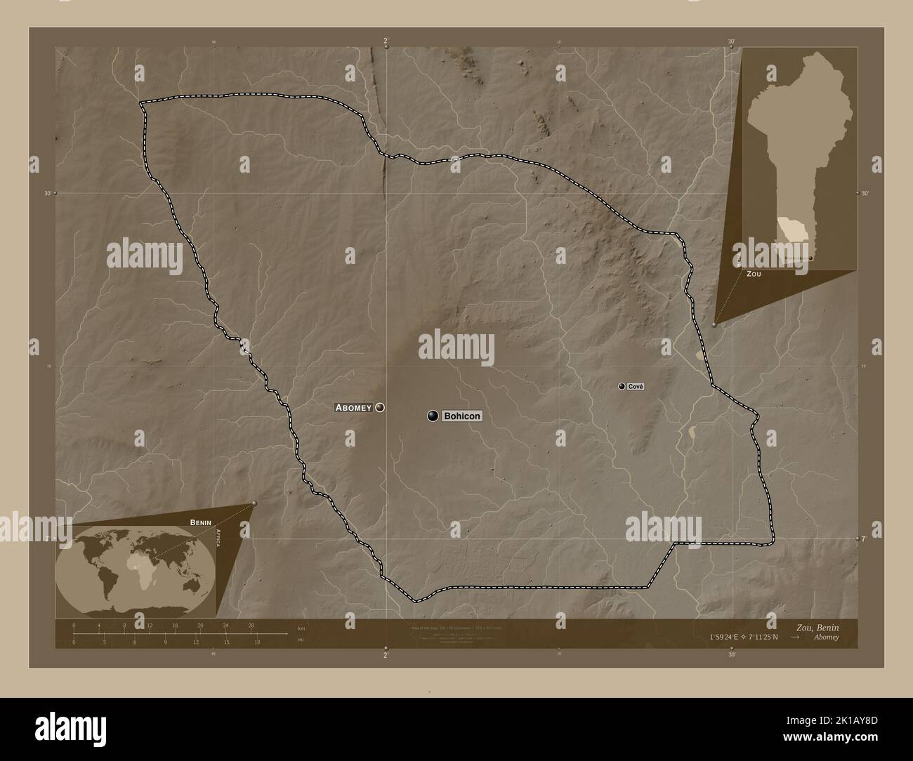 Zou, department of Benin. Elevation map colored in sepia tones with ...