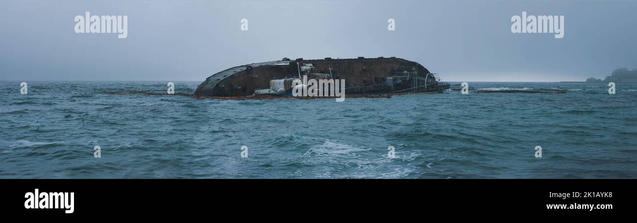 A huge oil ship tanker falling in the seawater, Ecological catastrophe ...