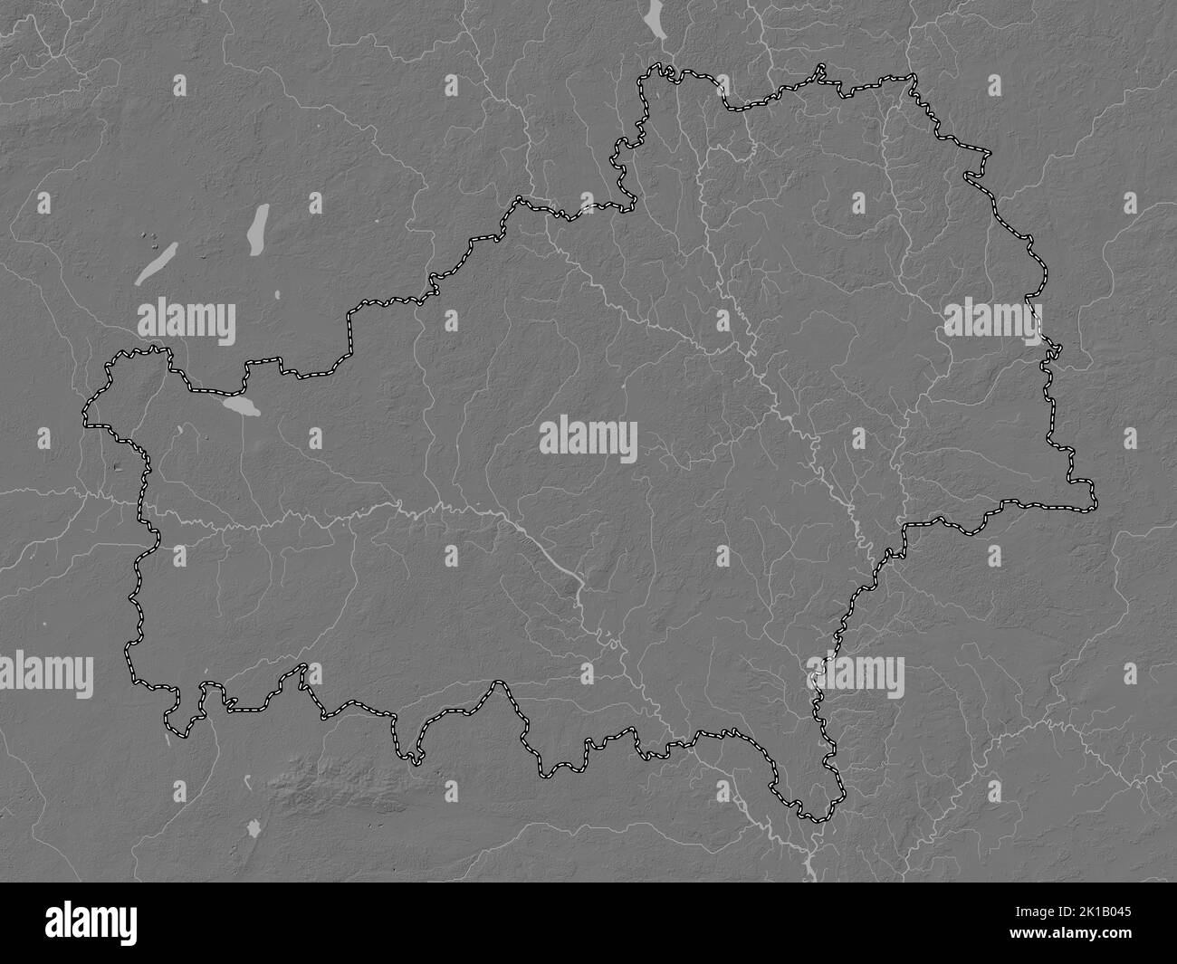 Homyel', region of Belarus. Bilevel elevation map with lakes and rivers ...