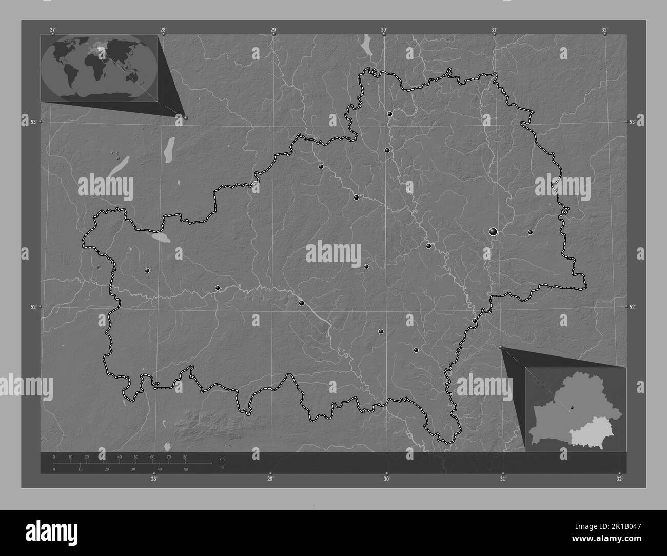 Homyel', region of Belarus. Bilevel elevation map with lakes and rivers ...