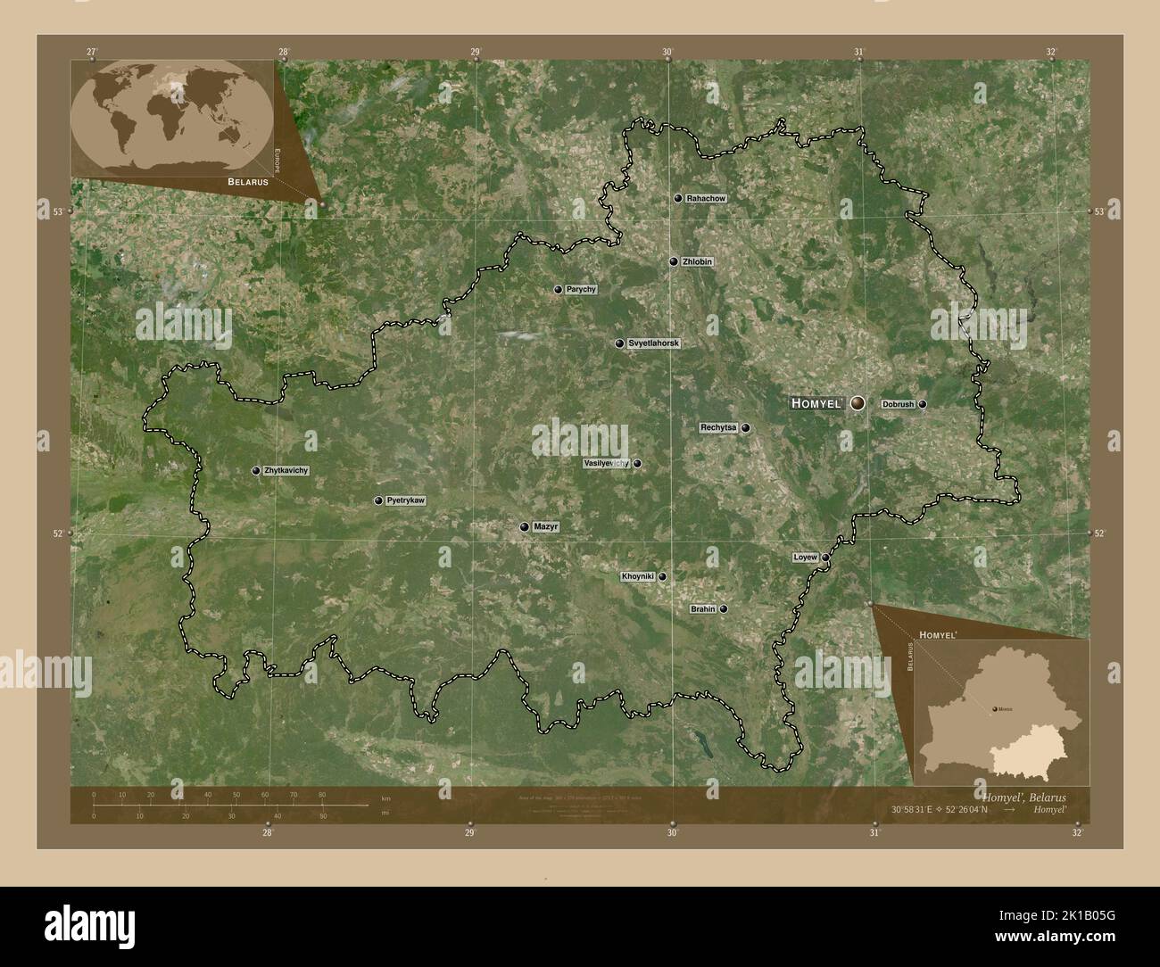 Homyel', region of Belarus. Low resolution satellite map. Locations and ...