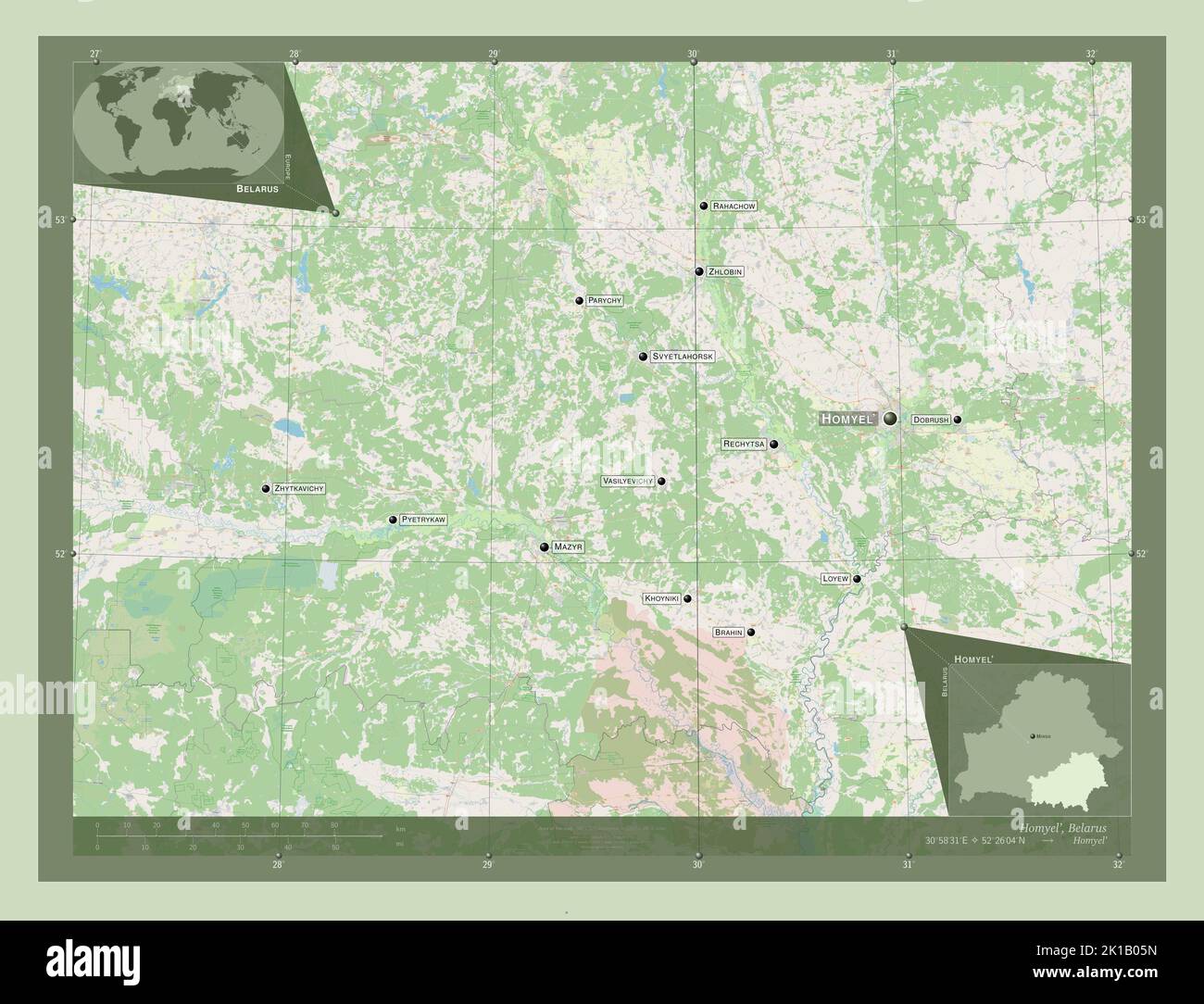 Homyel', region of Belarus. Open Street Map. Locations and names of ...