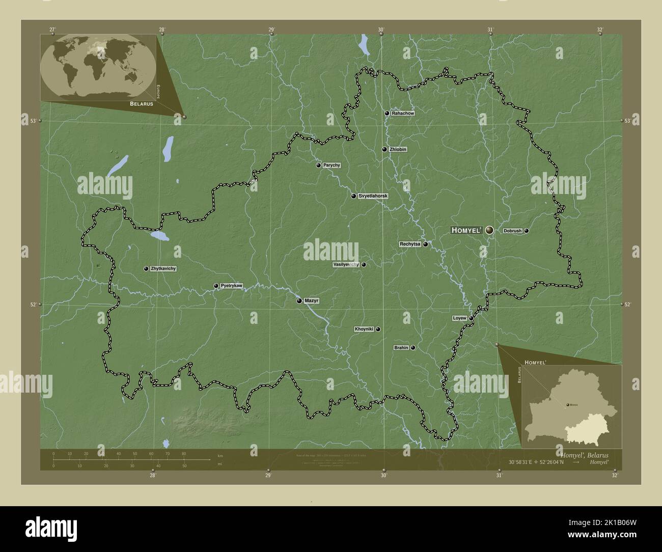 Homyel', region of Belarus. Elevation map colored in wiki style with ...