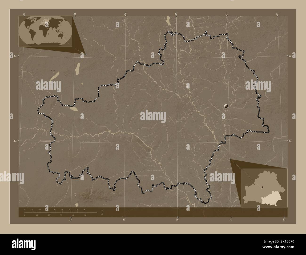 Homyel', region of Belarus. Elevation map colored in sepia tones with ...