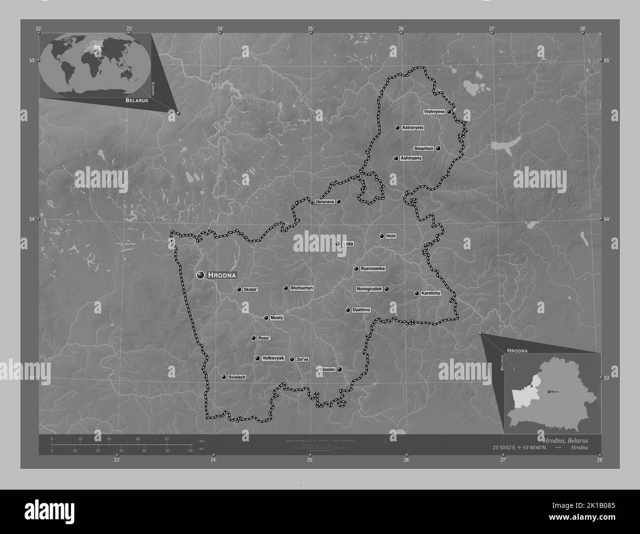 Hrodna, region of Belarus. Grayscale elevation map with lakes and ...