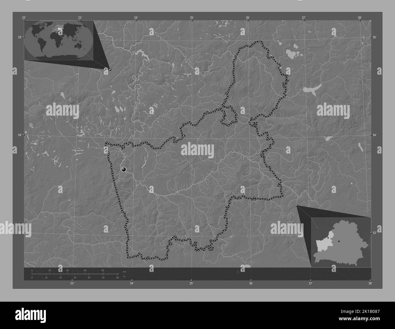 Hrodna, region of Belarus. Bilevel elevation map with lakes and rivers ...
