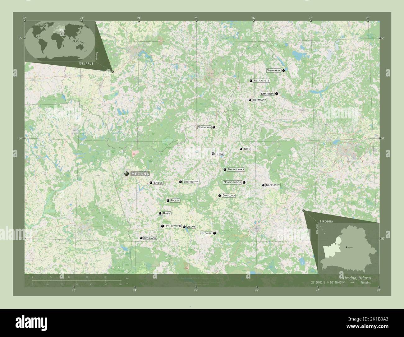 Hrodna, region of Belarus. Open Street Map. Locations and names of ...