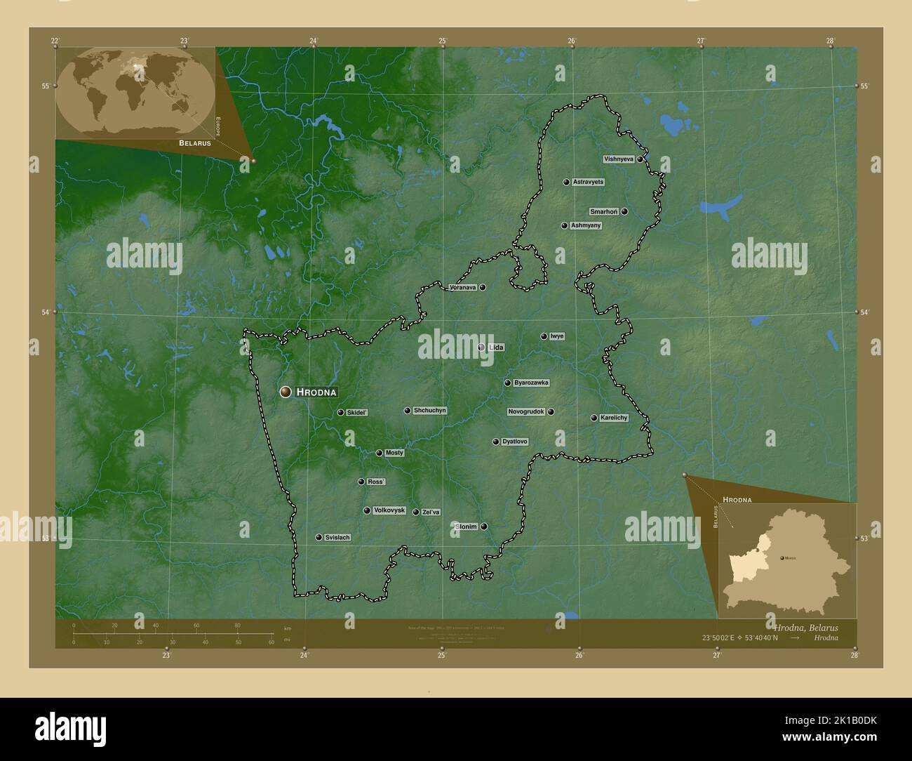 Hrodna, region of Belarus. Colored elevation map with lakes and rivers ...