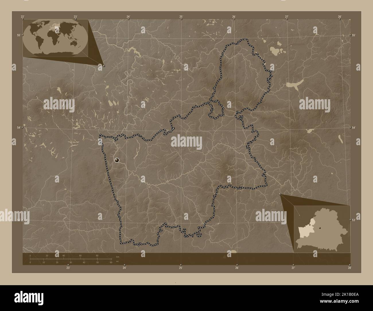 Hrodna, region of Belarus. Elevation map colored in sepia tones with ...