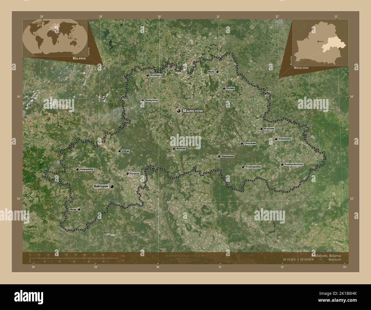 Mahilyow, region of Belarus. Low resolution satellite map. Locations ...